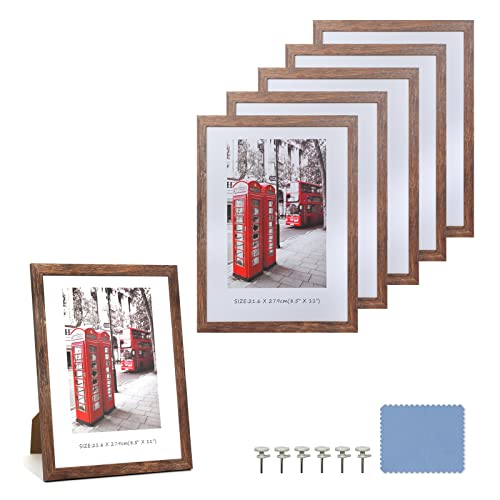 8.5x11 Picture Frame Set of 6, Certificate Document Frame Set with Display Box, Rustic Style Antique Brown Wood Grain Photo Frame Suitable for Desktop Display and Wall Decoration.