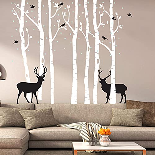 HOSNNER Deers Tree Wall Stickers - Forest Mural Wallpaper for Bedroom Kids Baby Nursery Vinyl Removable DIY Decals 82.7x70.9 inch Grey+Black