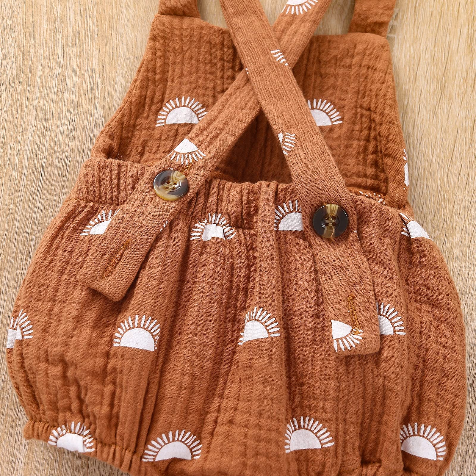 Newborn Girls Romper Jumpsuit Sun Print Sleeveless Cross Back One-Pieces Bodysuits Clothing (Brown, 0-6 Months, 6_Months)