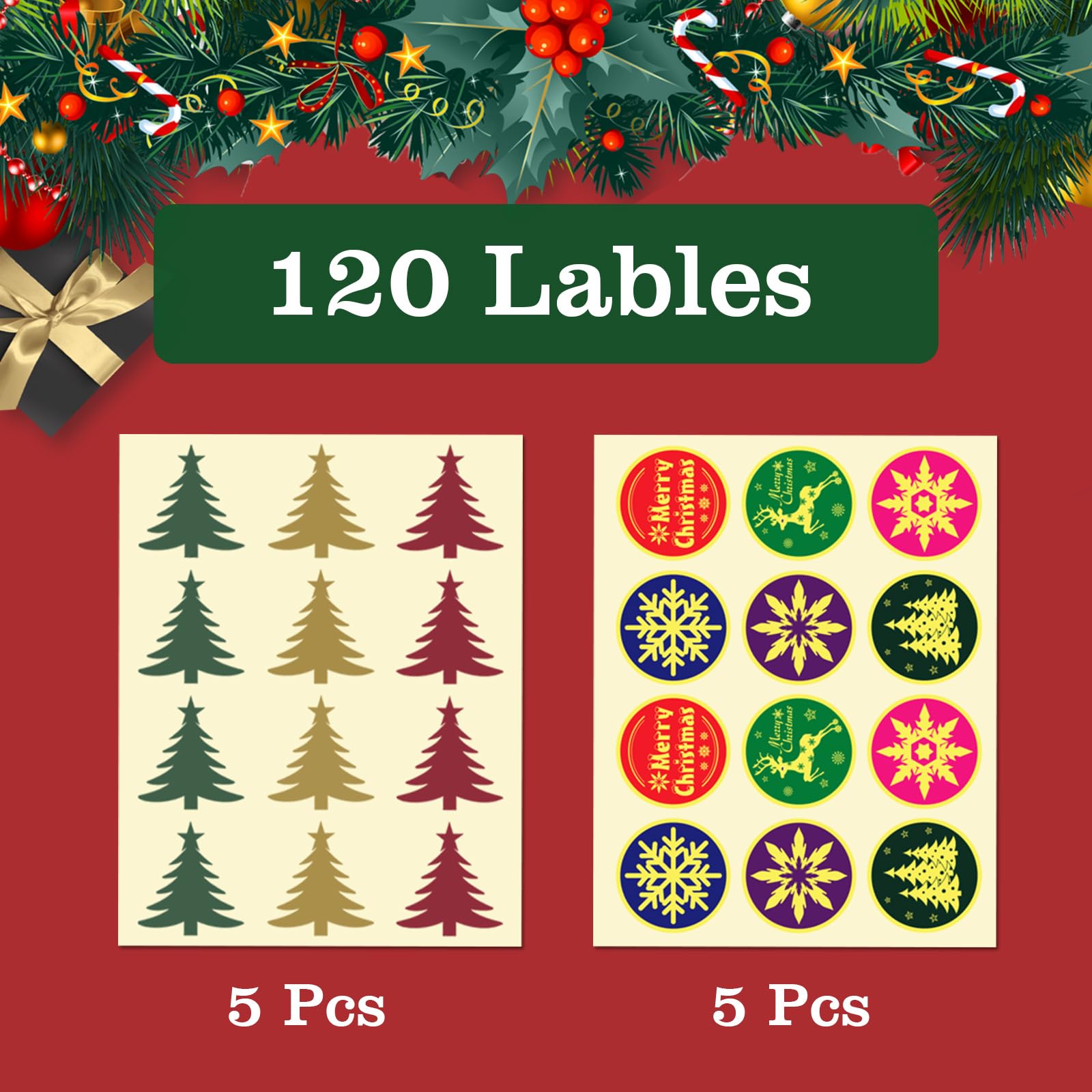120 Pcs Christmas Envelope Seal Stickers, Christmas Tree Labels Merry Christmas Stickers for Gift Invitation Greeting Card Envelope Bottle Cup Holiday Presents Decorative Seals (Red, Gold and Green)