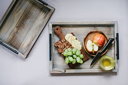 Decorative Ottoman Serving Tray Wooden Rustic (Set of 2) | Black Sleek Metal Handles | 4 Matching Coasters | Coffee Table Decor | Serving Kitchen Platter | Summit Living | For All Occasions