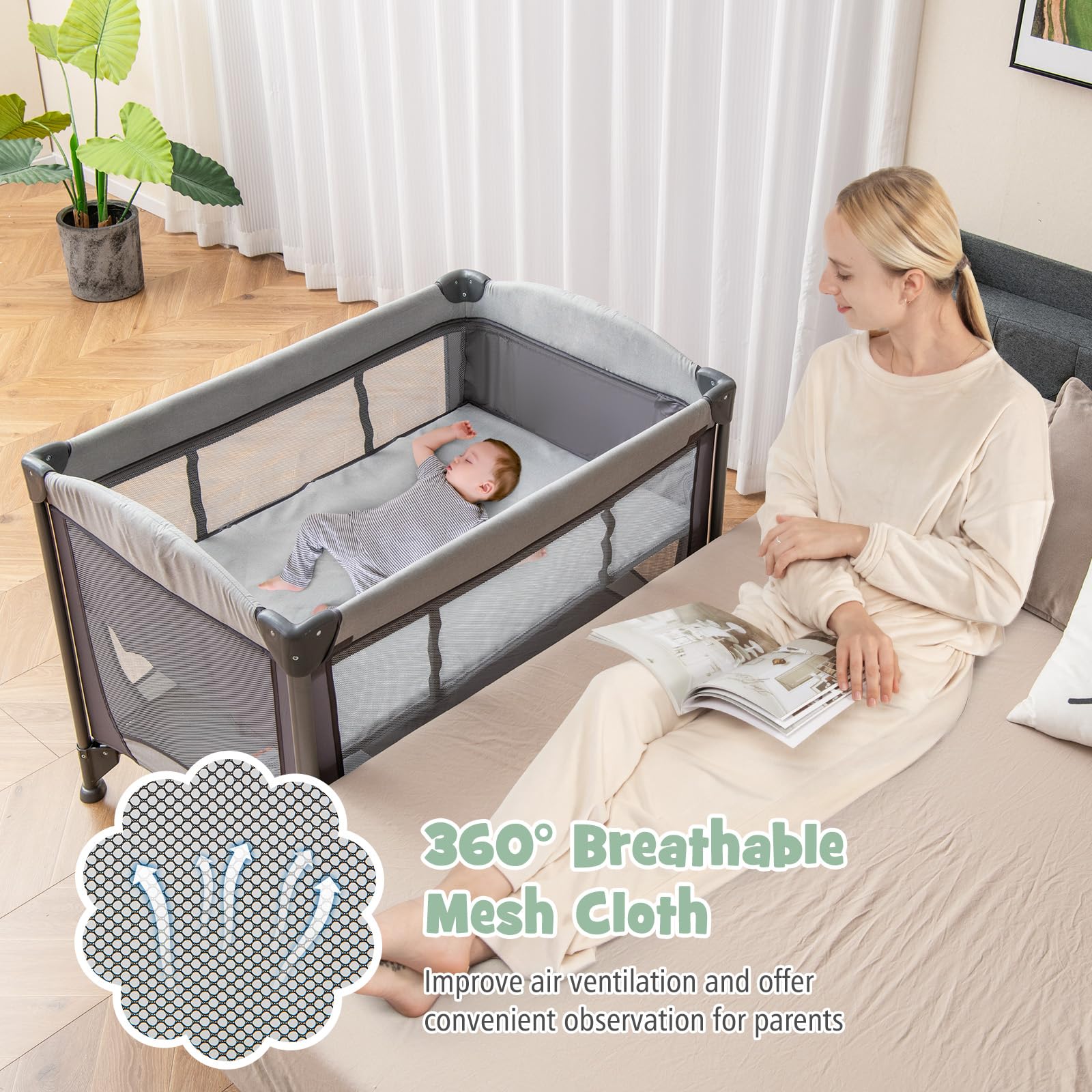HONEY JOY Pack and Play with Bassinet, 4-in-1 Baby Playard with Changing Table & Removable Infant Full-Size Bassinet, Diaper Storage Basket & Music, Foldable Nursery Center w/Carry Bag (Gray)