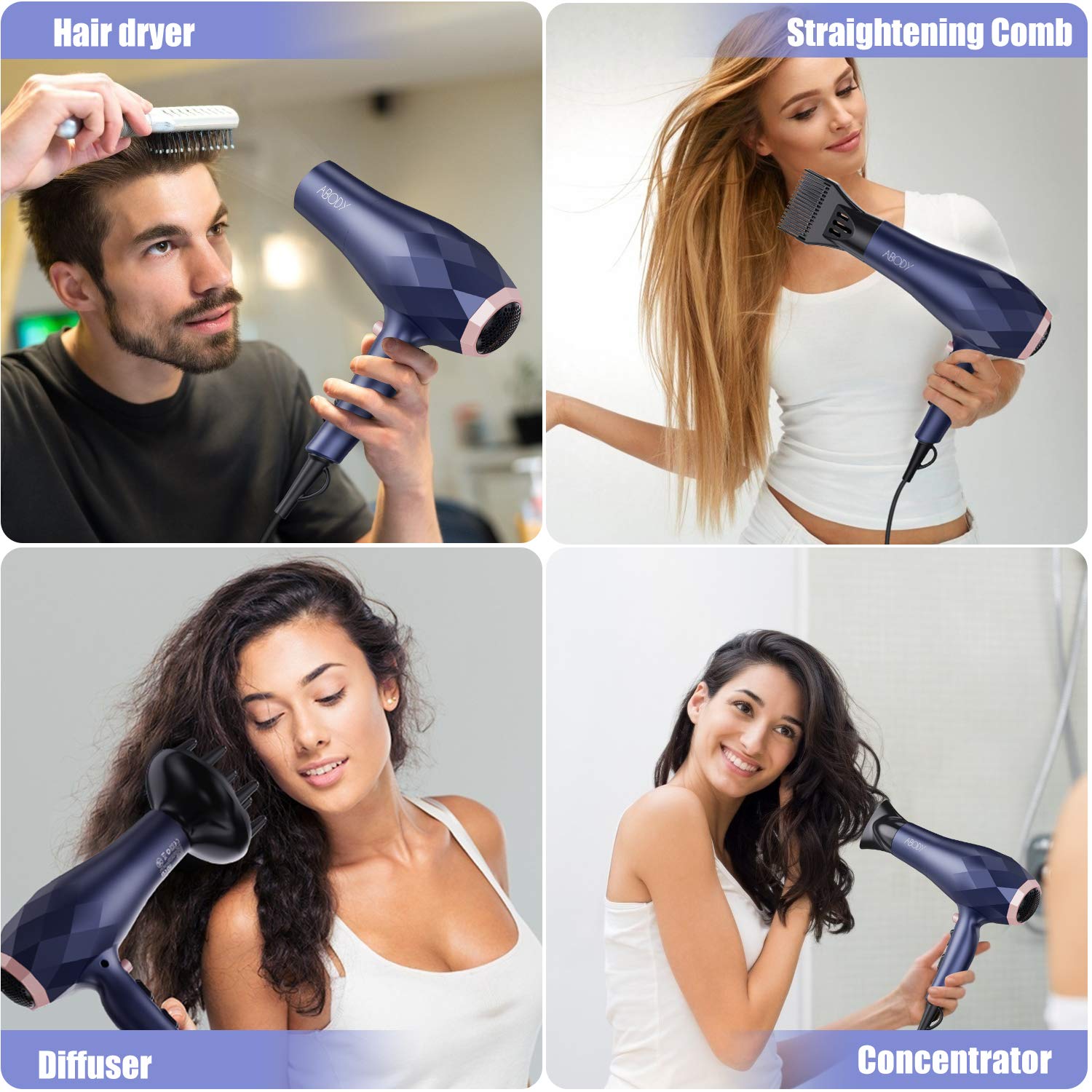 1875W Professional Hair Dryer, Negative Ion Blow Dryer 2 Speed and 3 Heat Setting, Quick Dry Light Weight Low Noise Hair Dryers with Diffuser & Concentrator & Comb