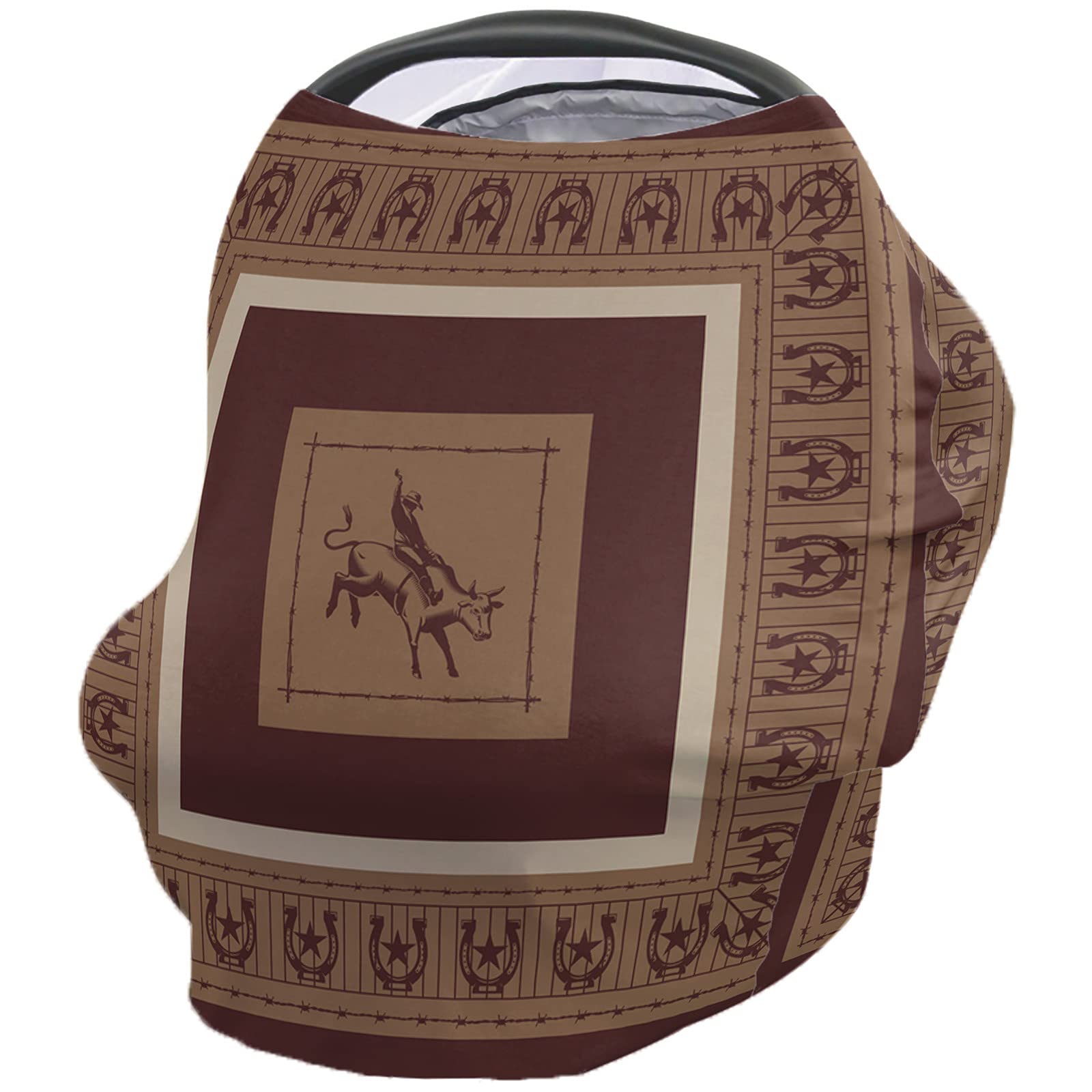 Western Cowboy Baby Car Seat Covers, Nursing Cover Breastfeeding Scarf/Shawl, Infant Carseat Canopy, Stretchy Soft Breathable Multi-use Cover Ups, Horseshoe Pentagram Brown