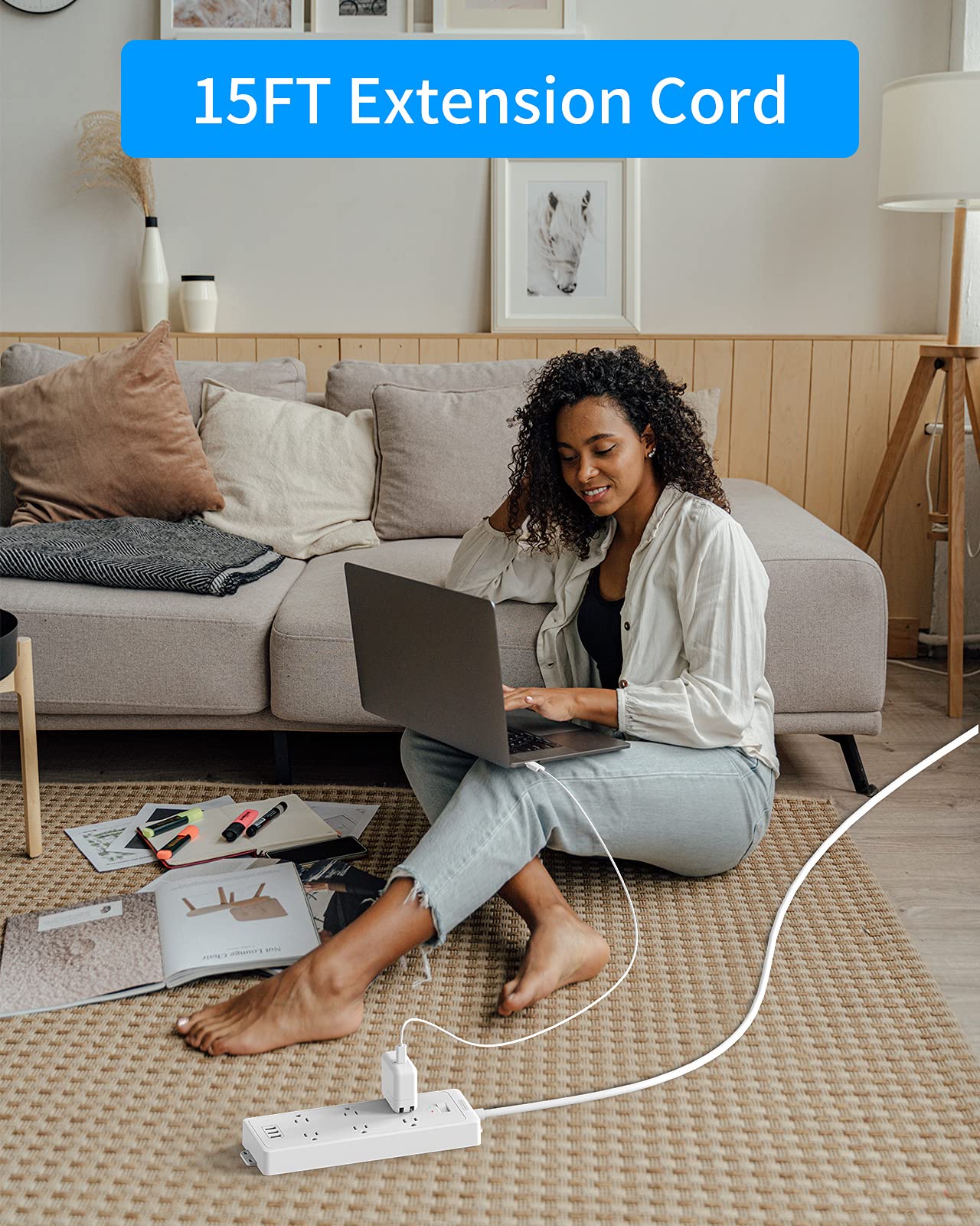 15 FT Extension Cord Surge Protector Power Strip 6 Super Wide Spaced Outlets, NTONPOWER Flat Plug Surge Protector Wall Mount with 3 USB, 1875W, 15A, 1700 Joules, Overload Protection for Home Office