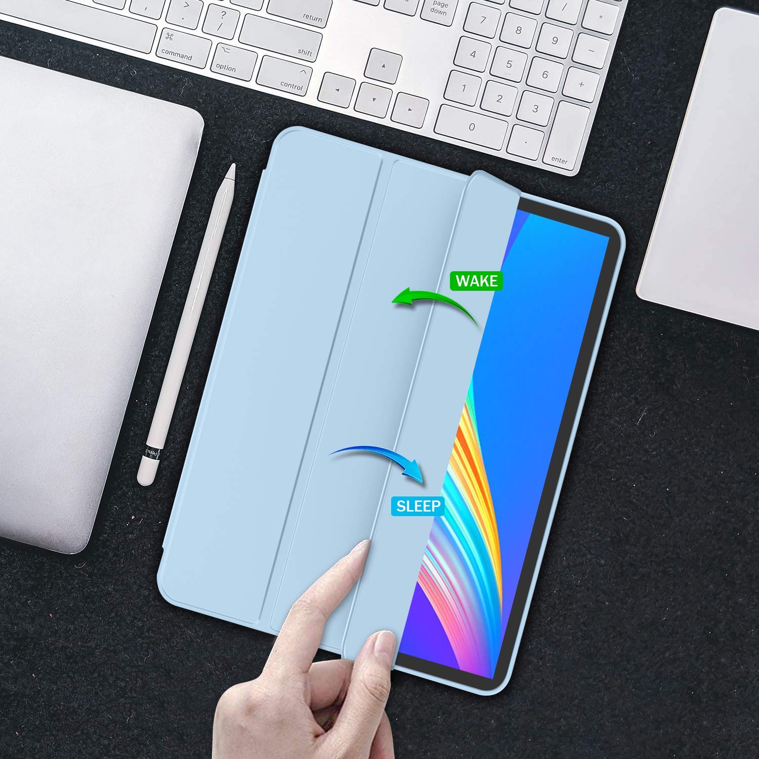 iMieet New iPad Pro 11 Inch Case 2022(4th Gen)/ 2021(3rd Gen) with Pencil Holder [Support iPad 2nd Pencil Charging/Pair],Trifold Stand Smart Case with Soft TPU Back,Auto Wake/Sleep(Sky Blue)