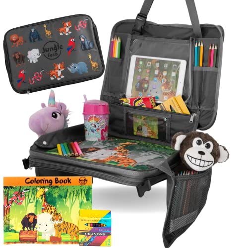 Kids Travel Tray for Car, Kids Car Seat Travel Tray for Kids Roadtrip Essentials, Car Seat Organizer Toddler Tray & BONUS Coloring Book & 12 Crayons, Car Seat Table Tray for Kids Road Trip Activities