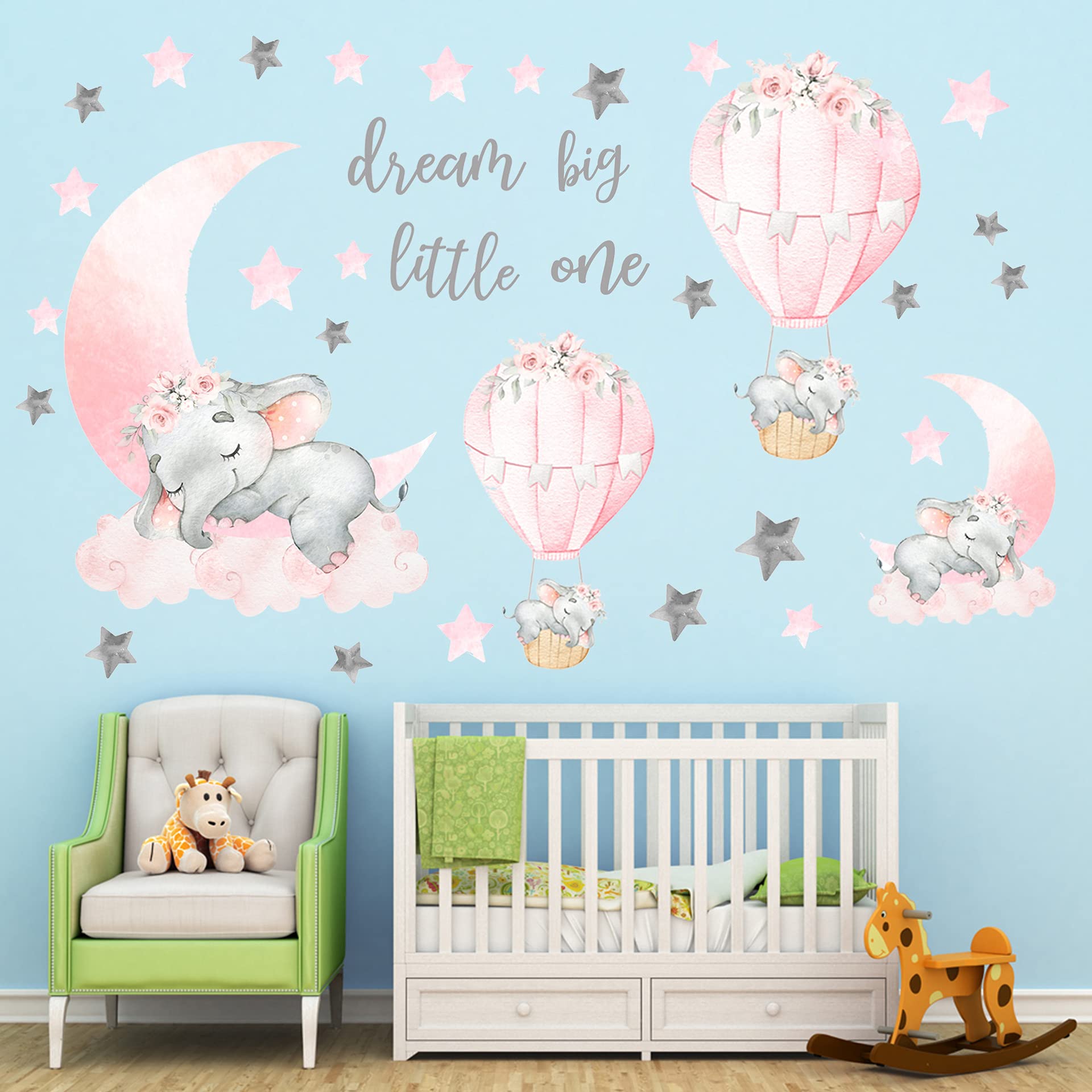 Dream Big Little One Elephant Wall Decals, Peel and Stick Wall Sticker Pink Moon Hot Air Balloon Grey Stars Nursery Decor, Home Kitchen Room Decorations Boy Girl Kids Bedroom Art Party Supplies