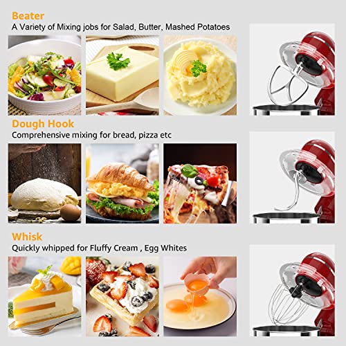 AILESSOM 3-IN-1 Electric Stand Mixer, 660W 10-Speed With Pulse Button, Attachments include 6.5QT Bowl, Dough Hook, Beater, Whisk for Most Home Cooks, Empire Red