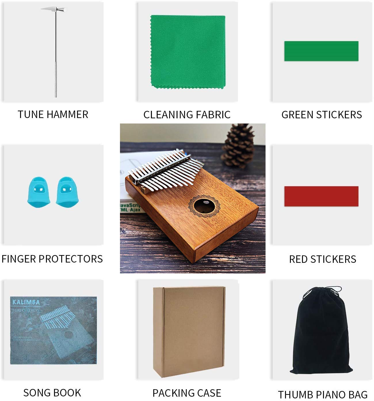 17 Key Kalimba Thumb Piano Wiht Study Instruction and Tune Hammer Portable Mbira Sanza African Wood Finger Piano