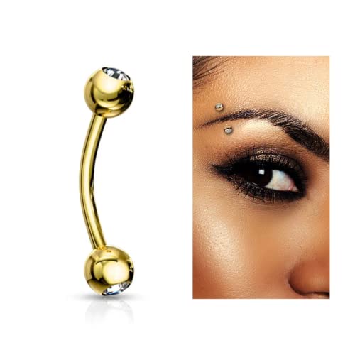 18G 1/4" GOLD TITANIUM DOUBLE CZ GEM CURVED BARBELL EYEBROW RING TRAGUS PIERCING Style 88888-752