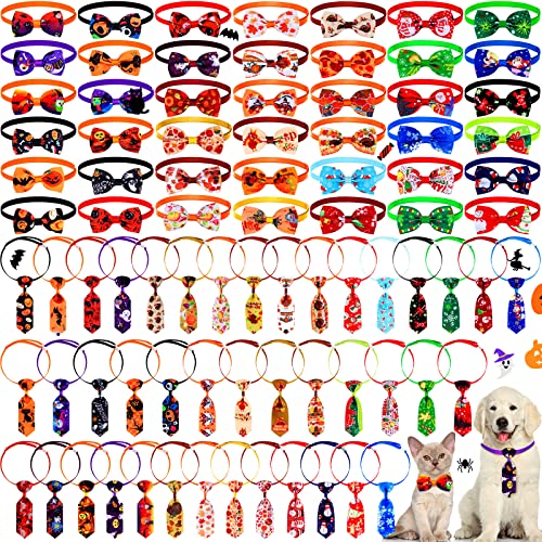 84 Pcs Holiday Dog Bow Ties Halloween Dog Ties Christmas Thanksgiving Bow Ties for Dogs Cats Assorted PET Bowtie Small PET Neckties Adjustable Dog Bow Tie Collar for Festival Decor Party Supplies