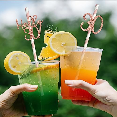 30th Birthday Paper Straw Decor, Happy 30th Birthday Decorations, Hello 30, 30th Anniversary/Birthday Party Drinking Decorative Straws, Cheer 30 Years Old Party Supplies 12 Pieces Rose Gold