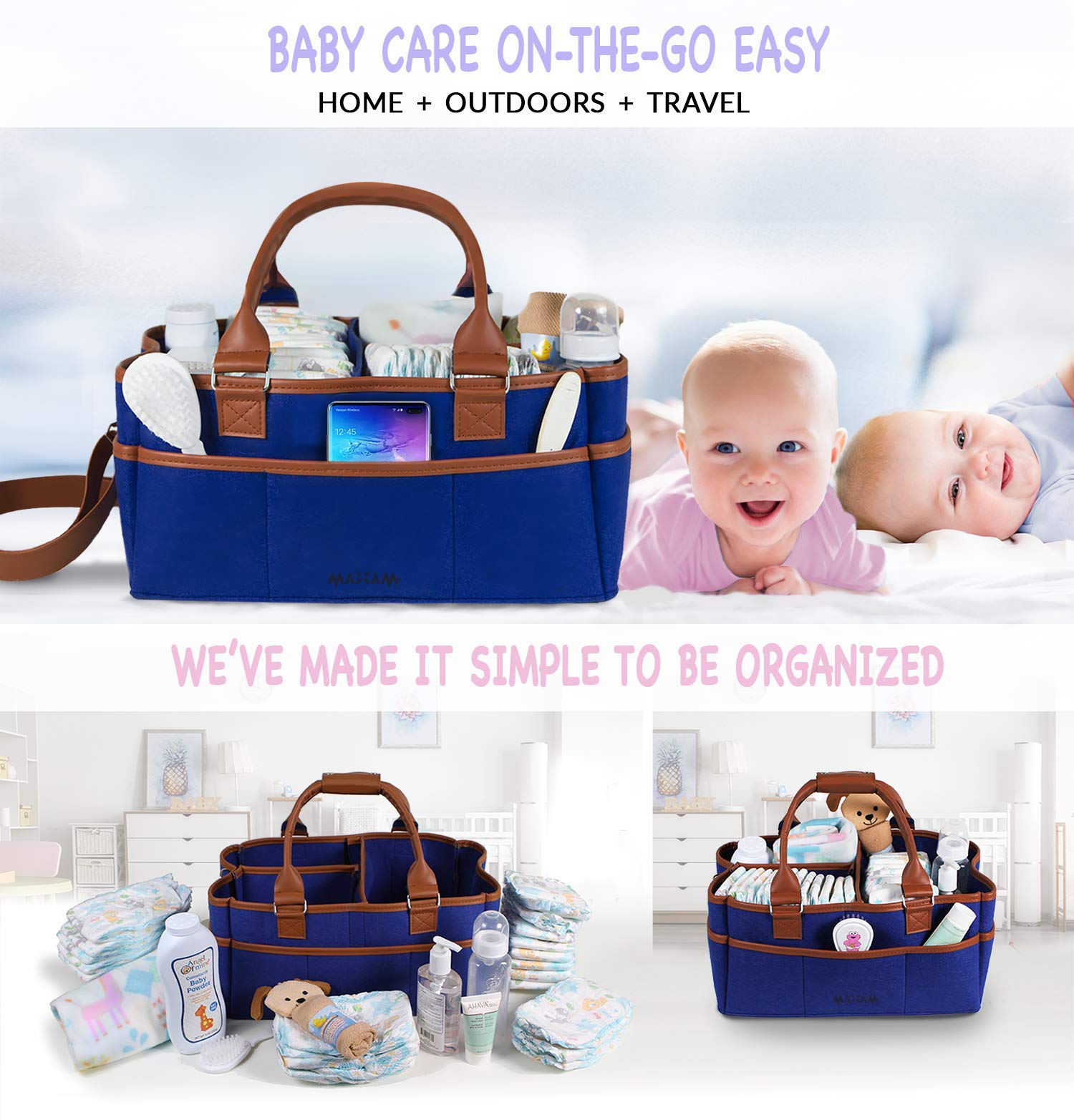Baby Diaper Caddy Organizer Large with Shoulder Strap | Trendy Navy Blue Portable Nursery Storage Bin - Premium Quality Tote Bag For Newborn Essentials - For Infant Changing Table, Car, Home or Travel
