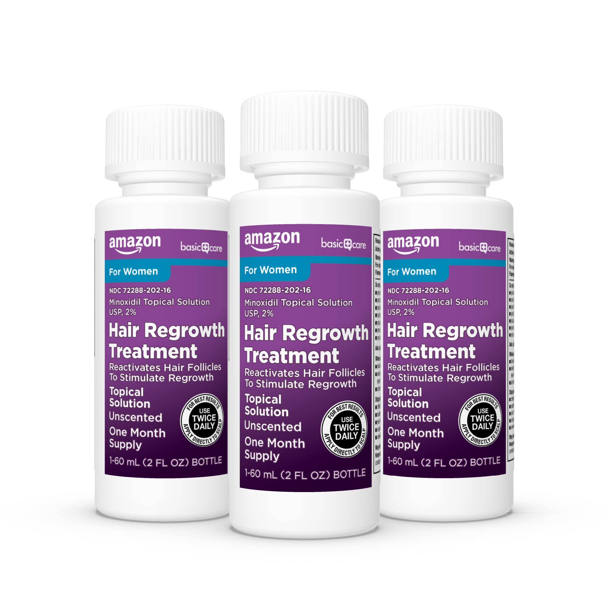 Amazon Basic Care Minoxidil Topical Solution USP, 2% Hair Regrowth Treatment for Women, 3-Month Supply, Unscented, 2 fl oz (Pack of 3)