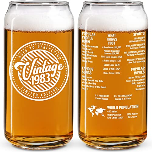 40th Birthday Gift For Men - Birthday Beer Gifts 20 Ounce 2-Sided Beer Can Glass (1 Count) - Vintage Glass for a 40 Year Old - Funny Glass Gift for His or Her 40th Birthday - Anniversary Party (1983)