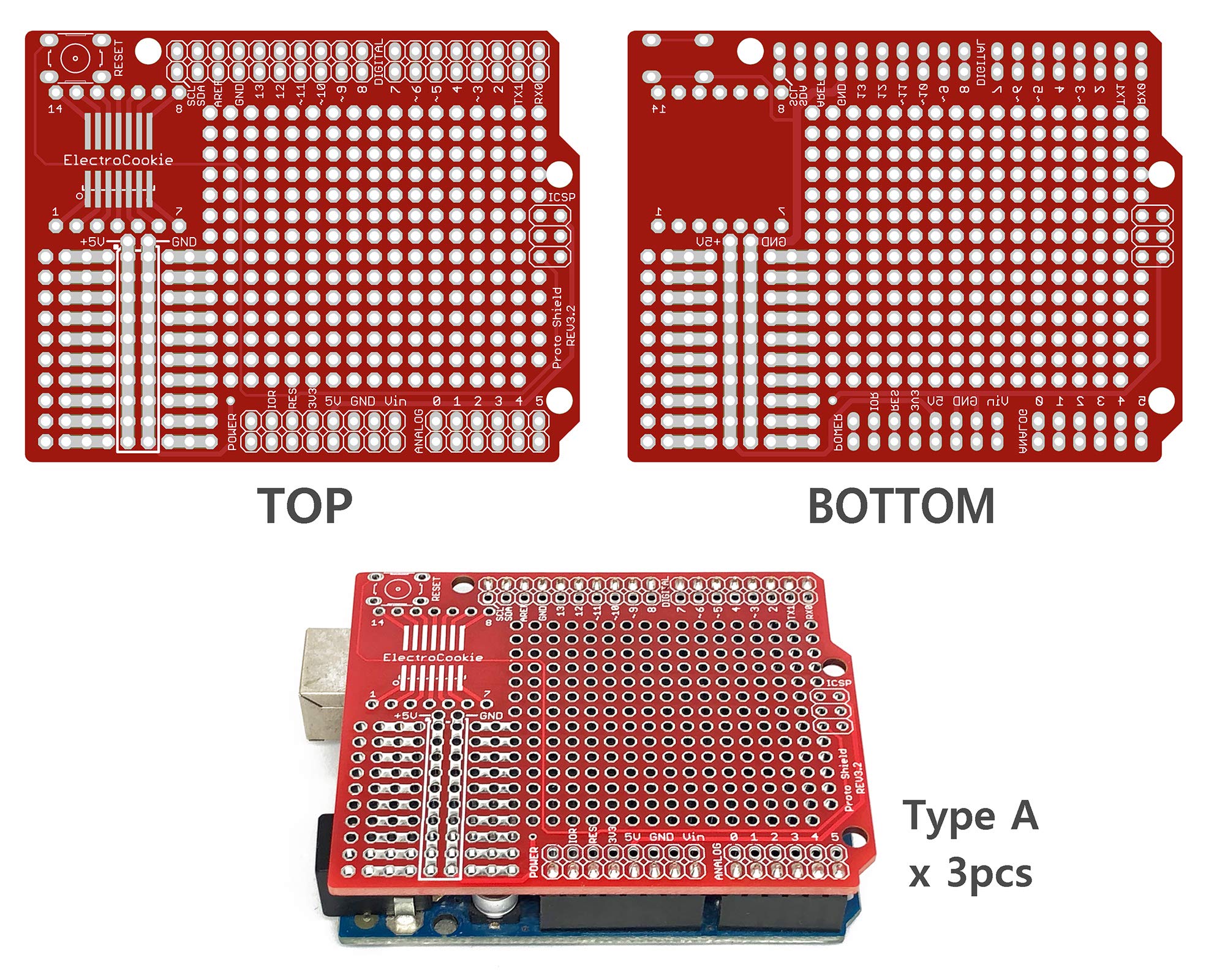 ElectroCookie Proto Shield Kit Compatible with Arduino Uno R3, Expansion Prototyping PCB Board (3 Types, 9 Pack)