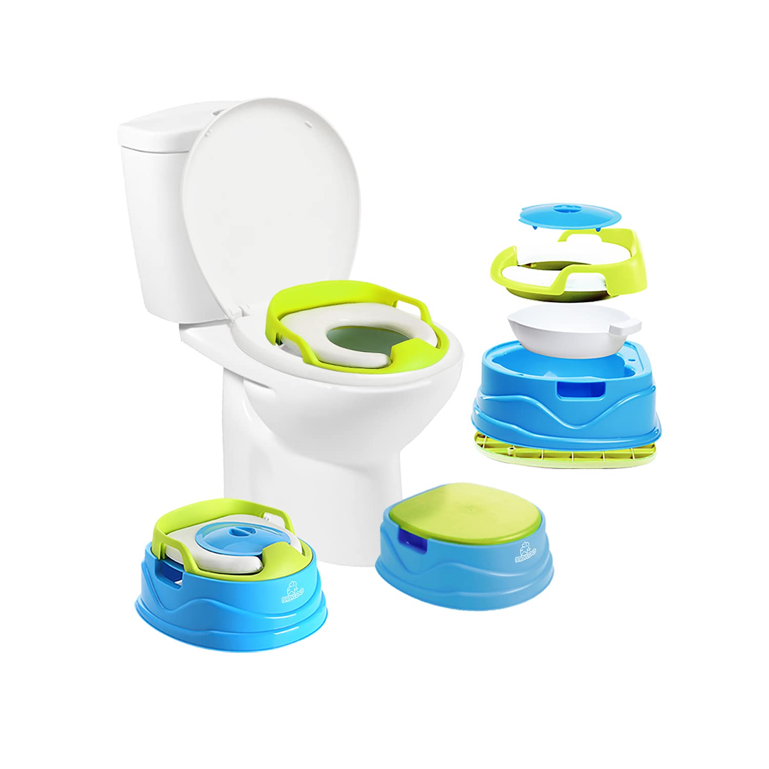 Babyloo 3 In 1 Bambino Booster Potty Training System with Free Standing Potty, Step Stool, and Toilet Mount for 1 to 6 Year Olds, Blue and Green