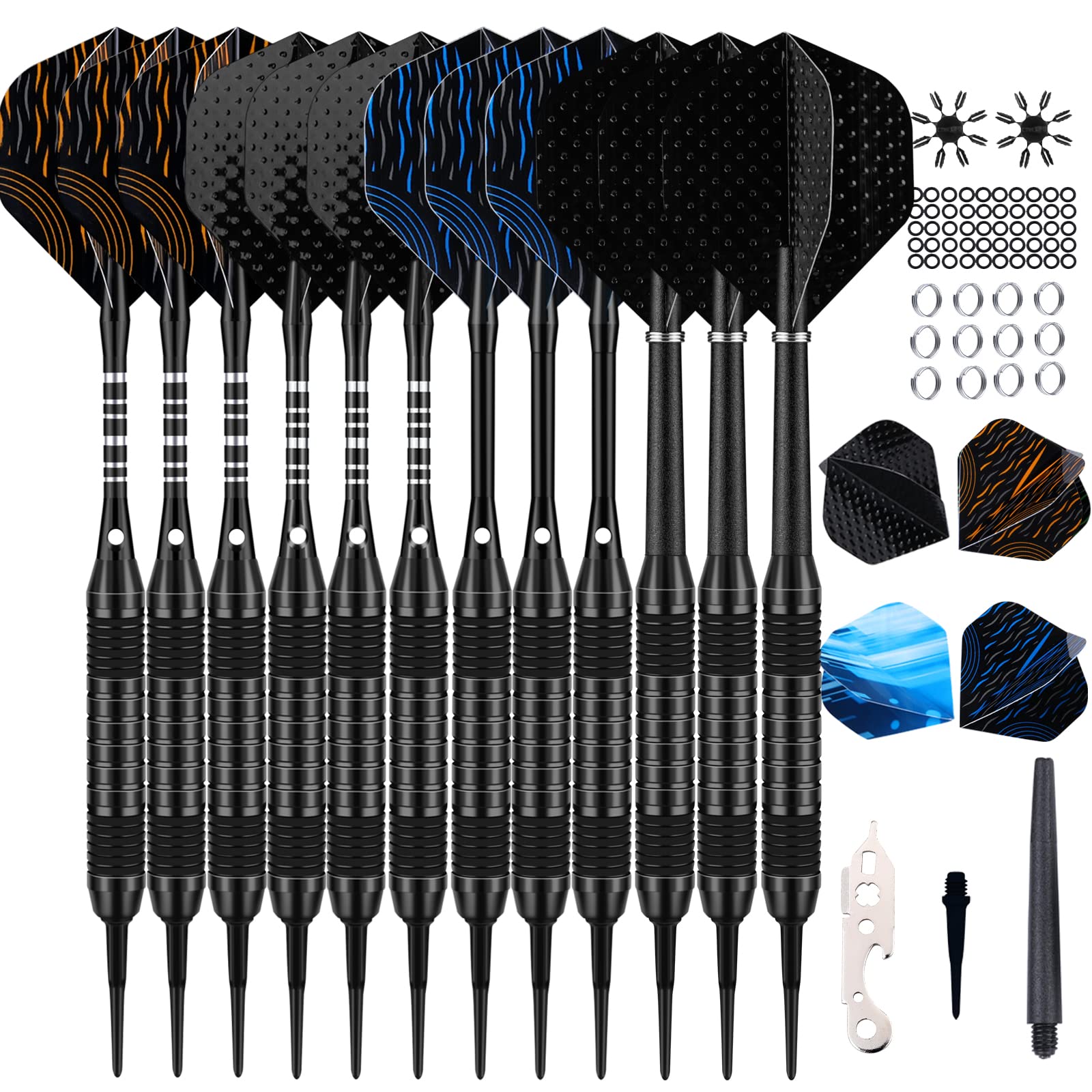 12PCS Soft Tip Darts Set 18 Grams, Darts Plastic Tip with Aluminum Shafts, Extra 50 Rubber O-rings 50 tips 6 Nylon Shafts 12 Spring Rings 16 Flights Protector Tool Kit for Electronic Dart Board