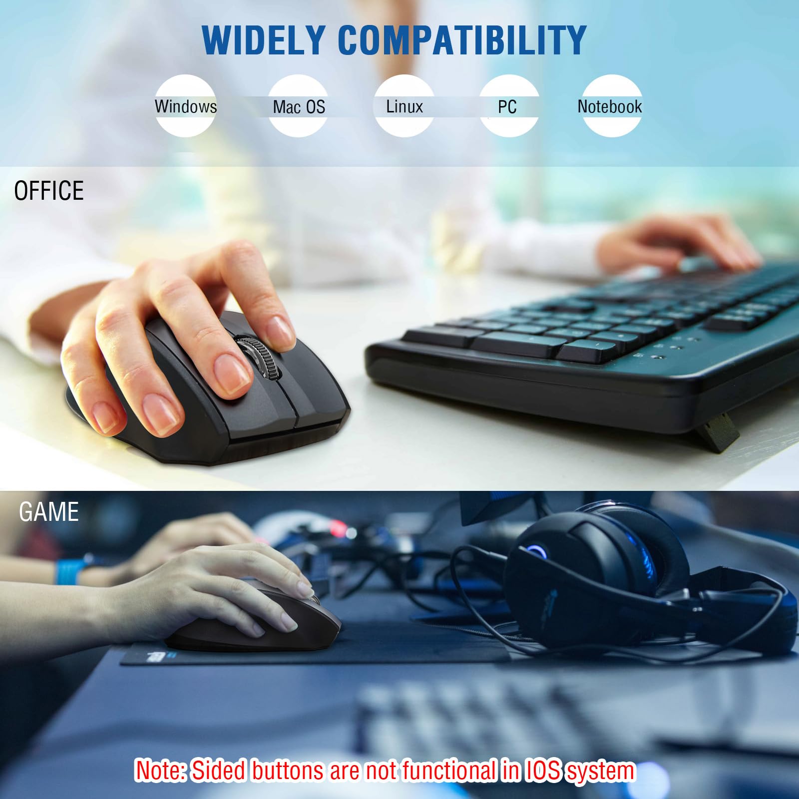E-YOOSO Wireless Mouse for Laptop, Portable Optical Computer Mouse, 6 Buttons, Cordless 2.4GHz with USB Receiver, 5-Level 4800 DPI, 18 Months Battery Life, for PC, Chromebook, Windows, Mac