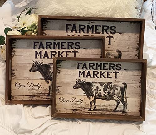 DeliDecor Large Decorative Serving Trays with Handle, Set of 3 Nesting Rustic Wooden Organizer Distressed Farmers Market Farmhouse Decor with Cow Pattern, Coffee Food Platters, Open Daily 17"x12.5"