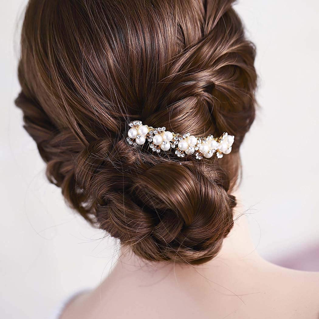 Asooll Gold Wedding Hair Comb Clip Rhinestone Bridal Hair Comb Pieces Pearl Hair Accessories for Brides Wedding