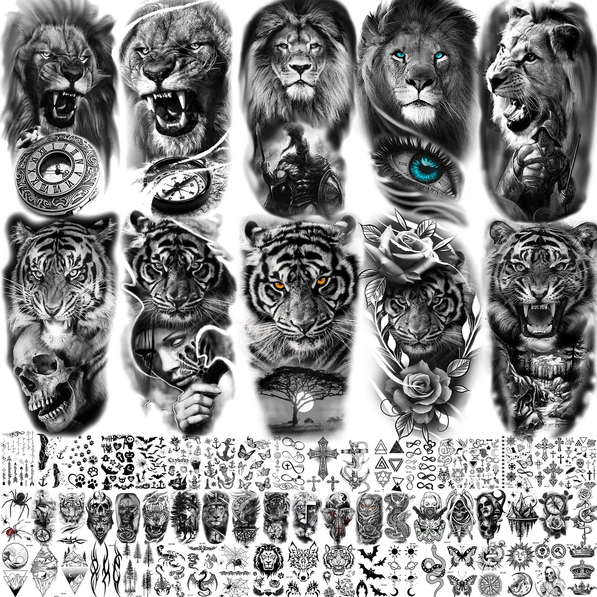 67 Sheets 3D Black Tribal Realistic Temporary Tattoos for Men Women Adults - Tiger Lion Gladiator Temp Skull Fake Half Arm Sleeve Tattoos Sticker