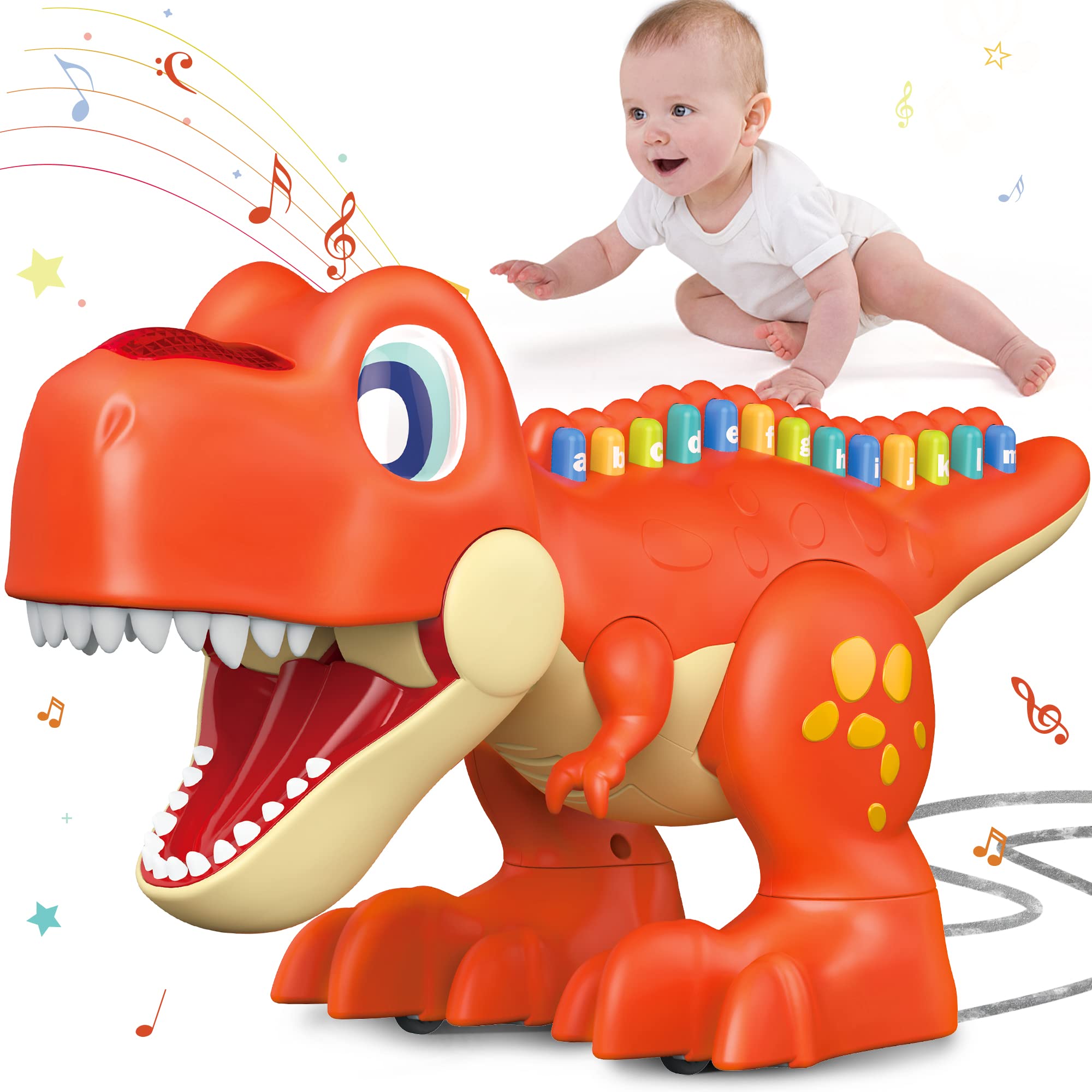 Baby Dinosaur Musical Toys 6-12-18 Months,Toddler Music Dinosaur Toy, Animal Push Toys for Toddlers 1-3, 26 Key Light and Sound Toys