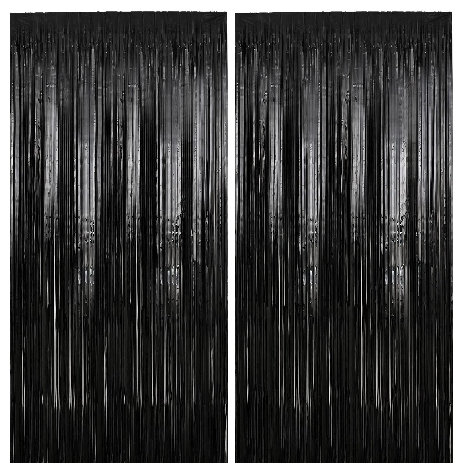2 Pack 3.2 ft x 9.8 ft Black Tinsel Curtain Party Backdrop Decorations, Metallic Foil Fringe Backdrop Door for Halloween, Christmas, Birthday Graduation Wedding Party Streamers Photo Backdrop.