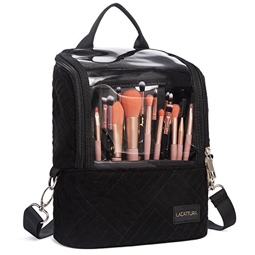 LACATTURA Travel Makeup Brush Case for Women, Tall Cosmetic Brush Holder Bag with Adjustable Dividers, Large Beauty Accessories Organizer Bag, Portable Storage Bag with Shoulder Strap, Black