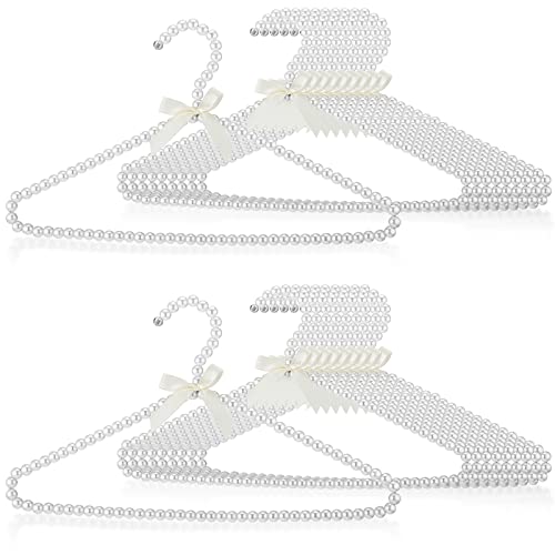 20 Pieces Pearl Clothes Hanger Beaded Clothing Hanger with Ribbon Bowknot Metal Elegant Clothes Standard Hangers for Women Bride Wedding Dress Coat Shirt Decorative Hangers (White)