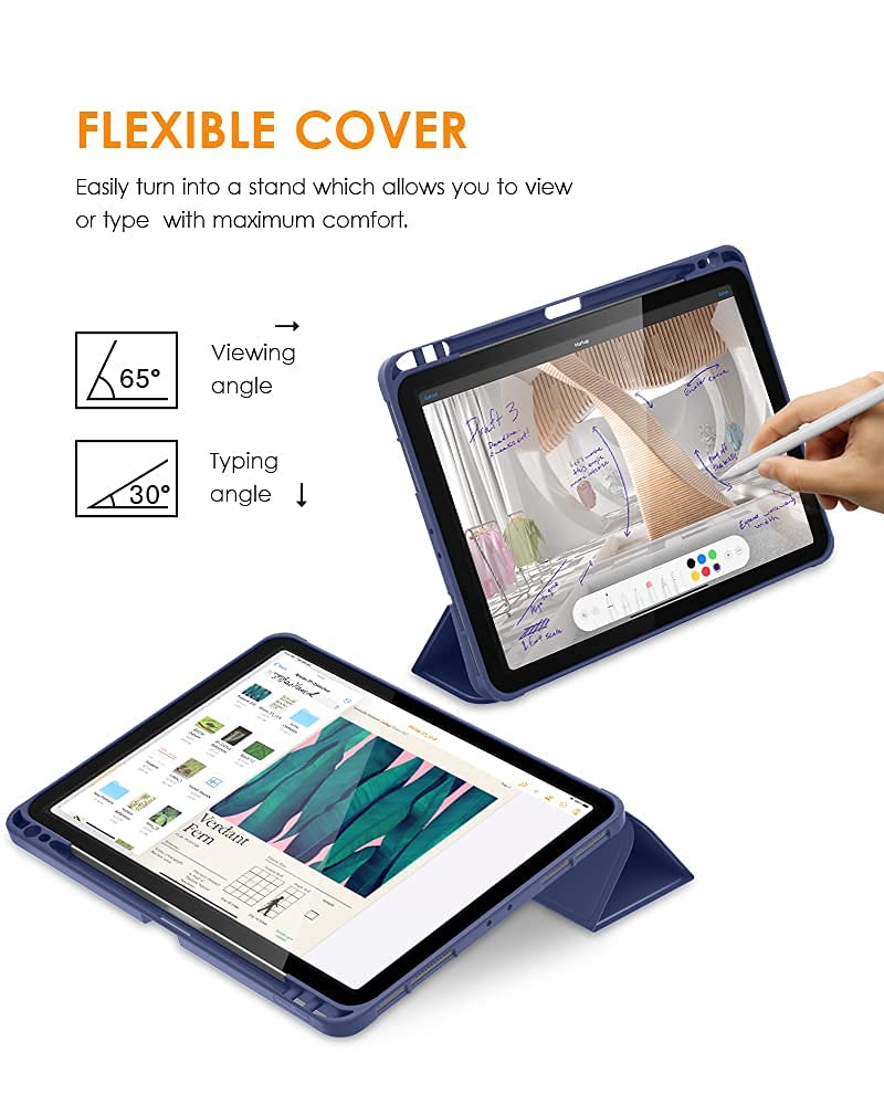 DTTO for iPad Pro 11 inch 4th/3rd/2nd/1st Generation 2022/2021/2020/2018 Case, Smart Slim Trifold Stand Soft TPU Back Cover with Built-in Pencil Holder, Also Fit iPad Air 5/4,Navy Blue