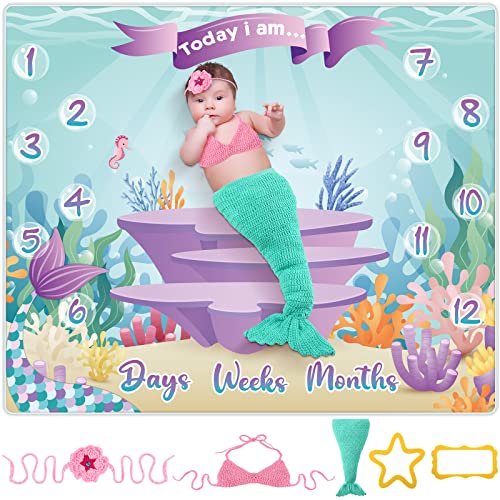 6 Pcs Mermaid Baby Monthly Milestone Blanket Daily Weekly Monthly Fleece with 2 Frames for Newborn Baby Shower, 47 x 39 Inches and Mermaid Outfit Baby Photo Props Headband Bra Tail, Aquamarine
