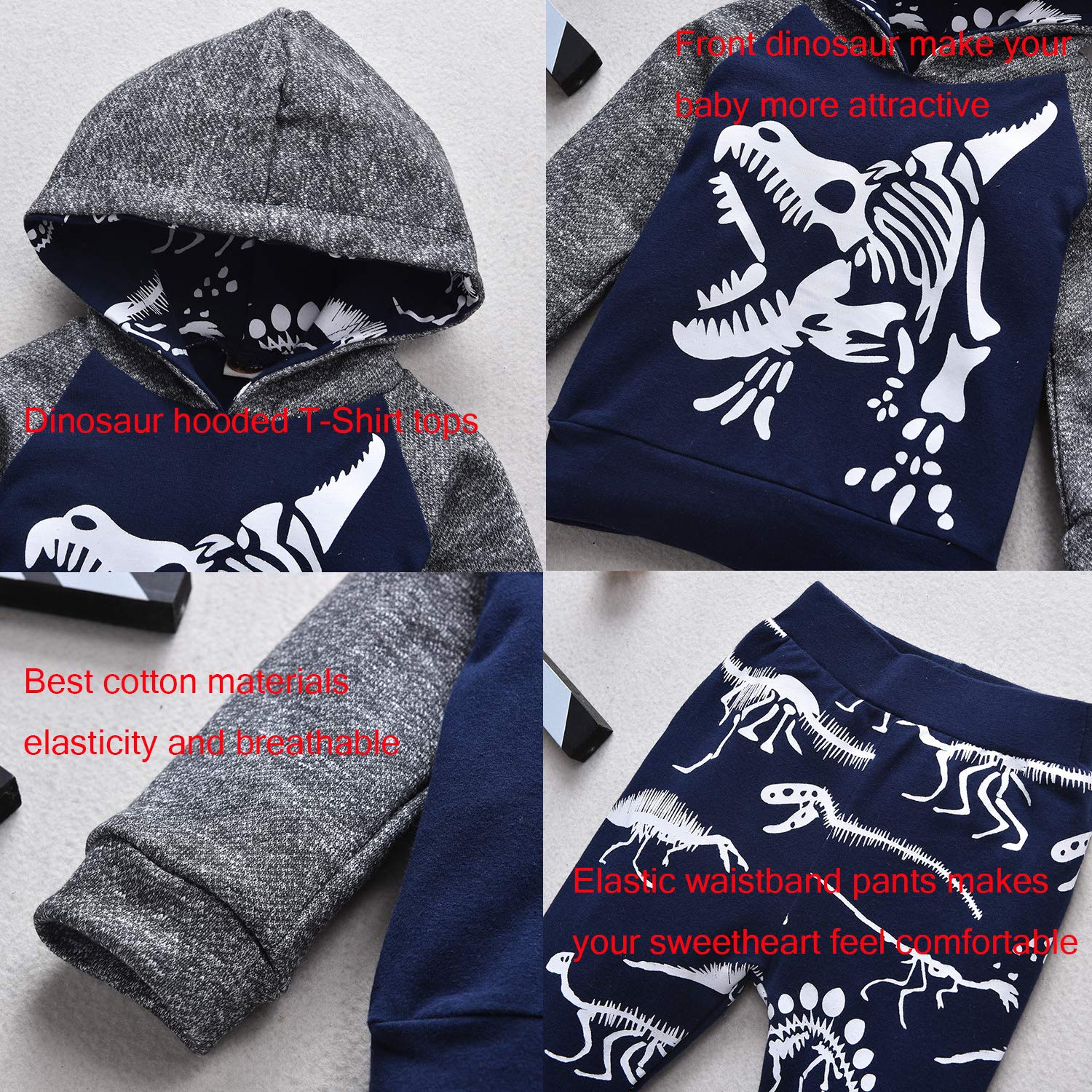 Baby Boys Dinosaur Long Sleeve Hoodie Tops Sweatsuit Pants Winter Outfit Set Gray