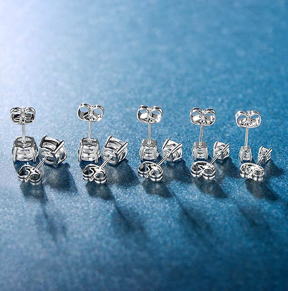18K Gold Plated 4 Prong Graduated Round Clear Cubic Zirconia Stud Earring Set for Women (5 Pairs) (A-white gold plated)