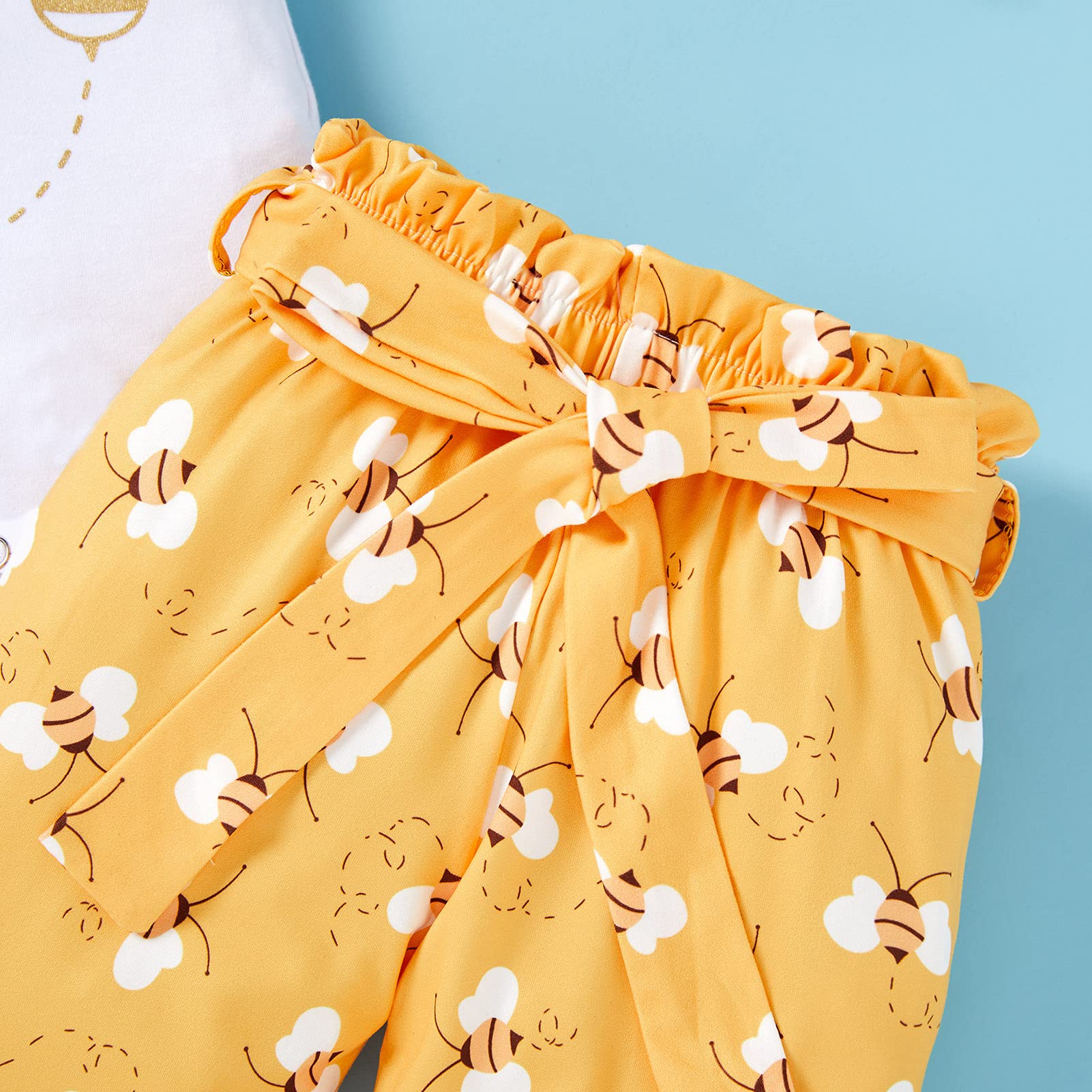GRNSHTS Infant Baby Girl bumble bee clothes Letter Print Romper Honey Bees Pants Bowknot Headband Outfits Set(Yellow 2, 3-6 Months