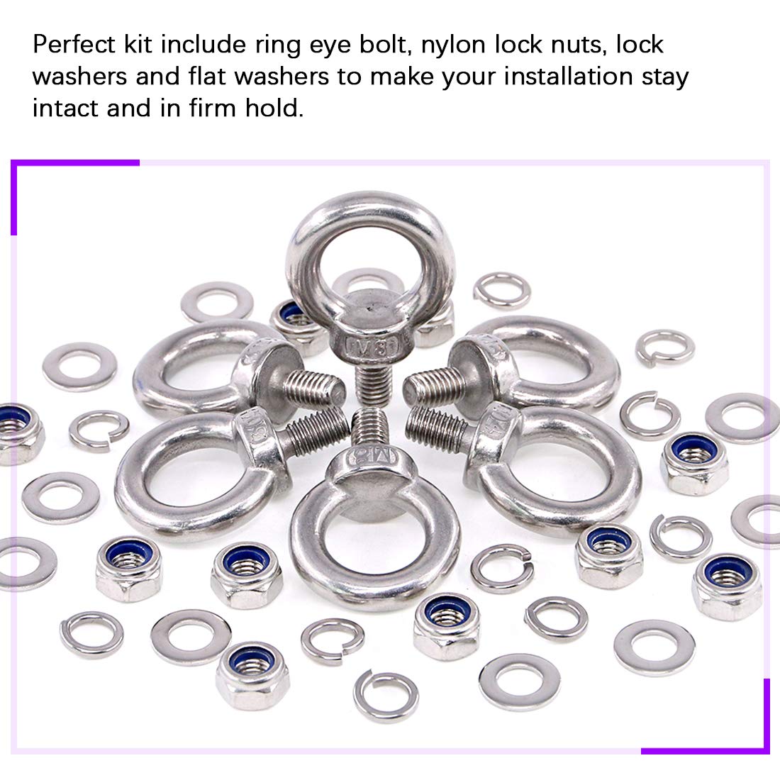 36Pcs 304 Stainless Steel M6 Male Thread Lifting Ring Eye Bolt Kit, Including 6Pcs M6 Eye Bolt with 10Pcs Lock Nuts, 10Pcs Lock Washers and 10Pcs Flat Washers