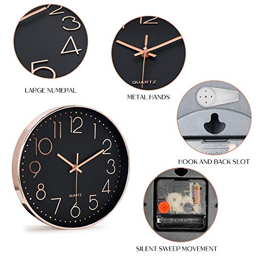 JINMA 12 Inch Modern Wall Clock Silent Non Ticking Easy to Read Decorative Wall Clocks for Living Room Decor Home Office Kitche (Black Rose Gold)