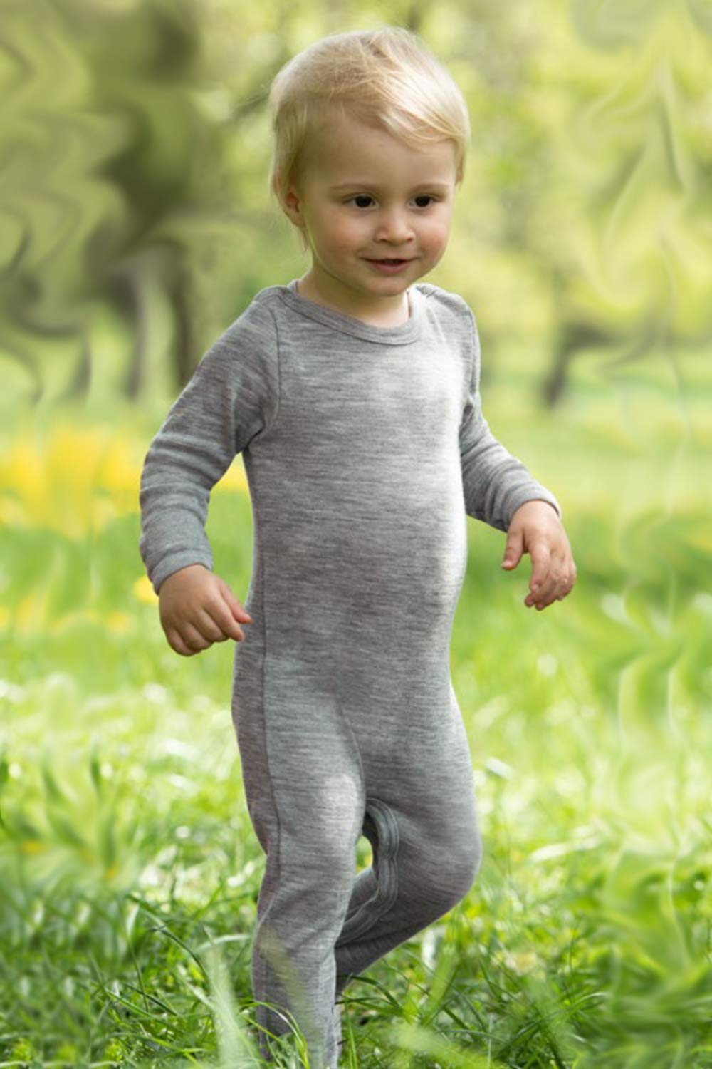 Ecoable Thermal Footed Romper: Organic Wool Silk Footie with Long Sleeves for Baby Boys or Girls, (EU 86-92| 12-24 months, Grey Melange)