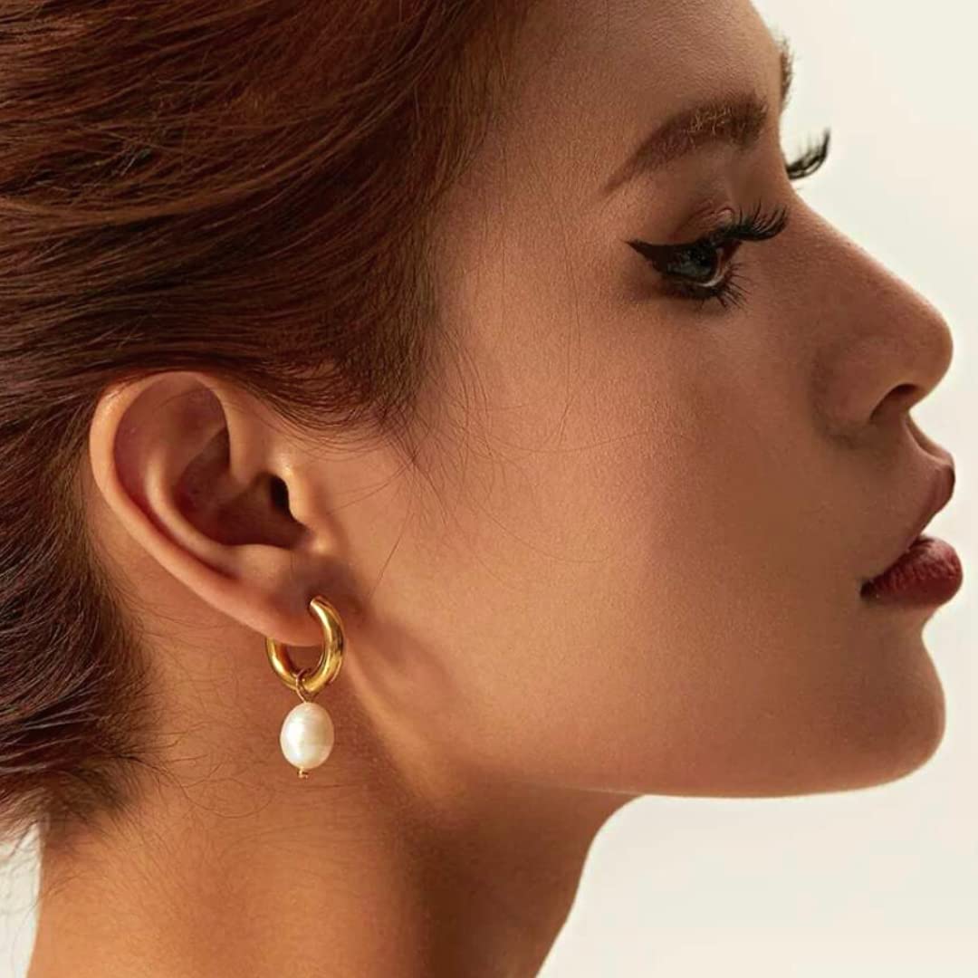 18K Gold Plated Freshwater Pearl Hoop Durable Earring for Women Waterproof and Tarnishfree