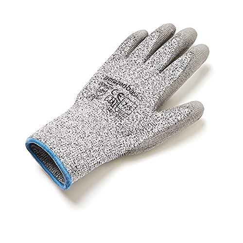 Amazon Basics Cut Resistant Work Gloves, Cut Level A2, Polyurethane Coated Gloves, Touch Screen, Size 7, Small (Pack of 2), Grey