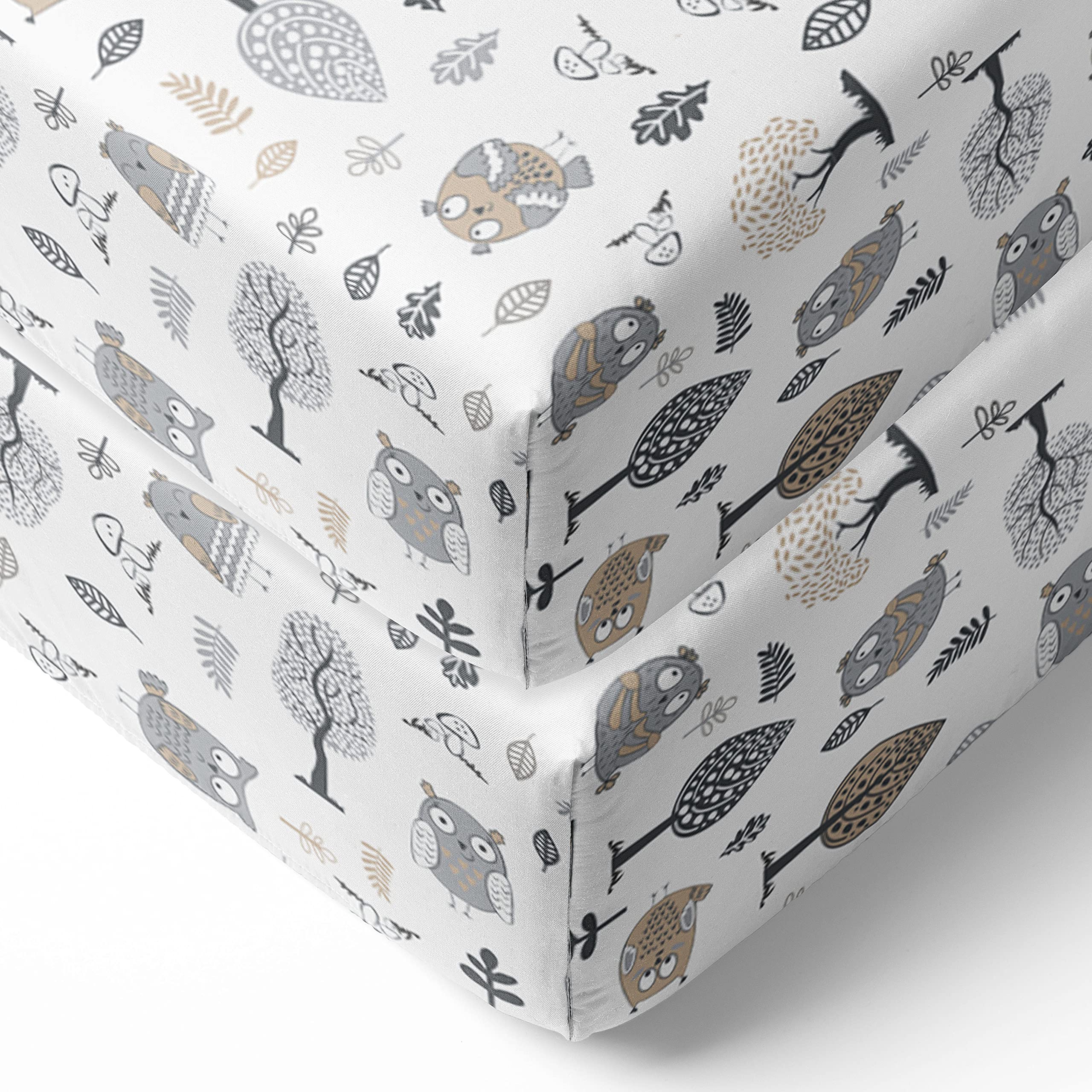 Bacati - 2 Pack Crib Fitted Sheets - Owls Neutral Beige/Grey Soft Breathable 100% Cotton Percale Baby Sheets - Fits Standard 28 x 52 X 5 inches Crib & Toddler Mattresses