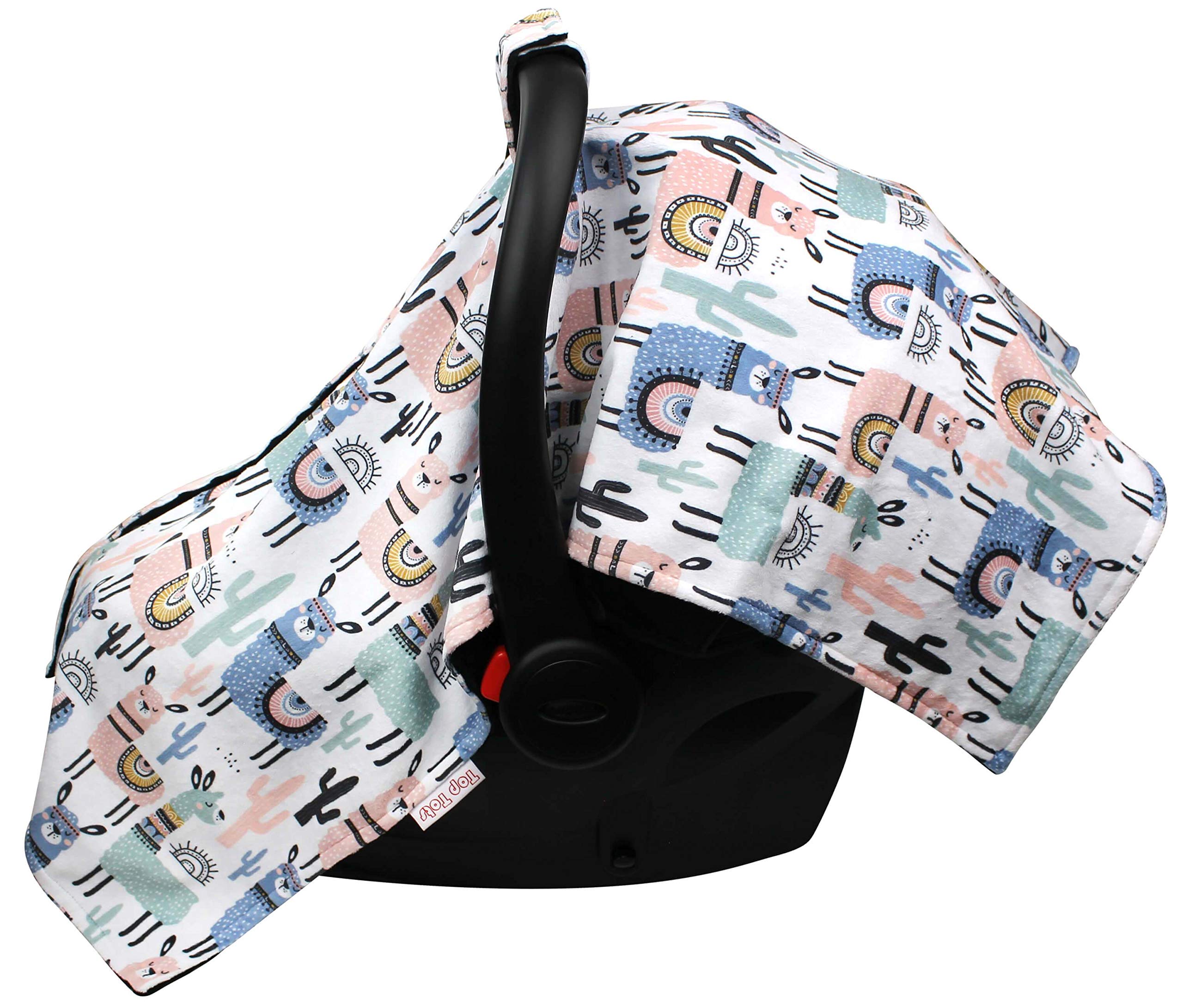 Baby Car Seat Canopy Cover - Emperor Llamas with Black Minky Dot