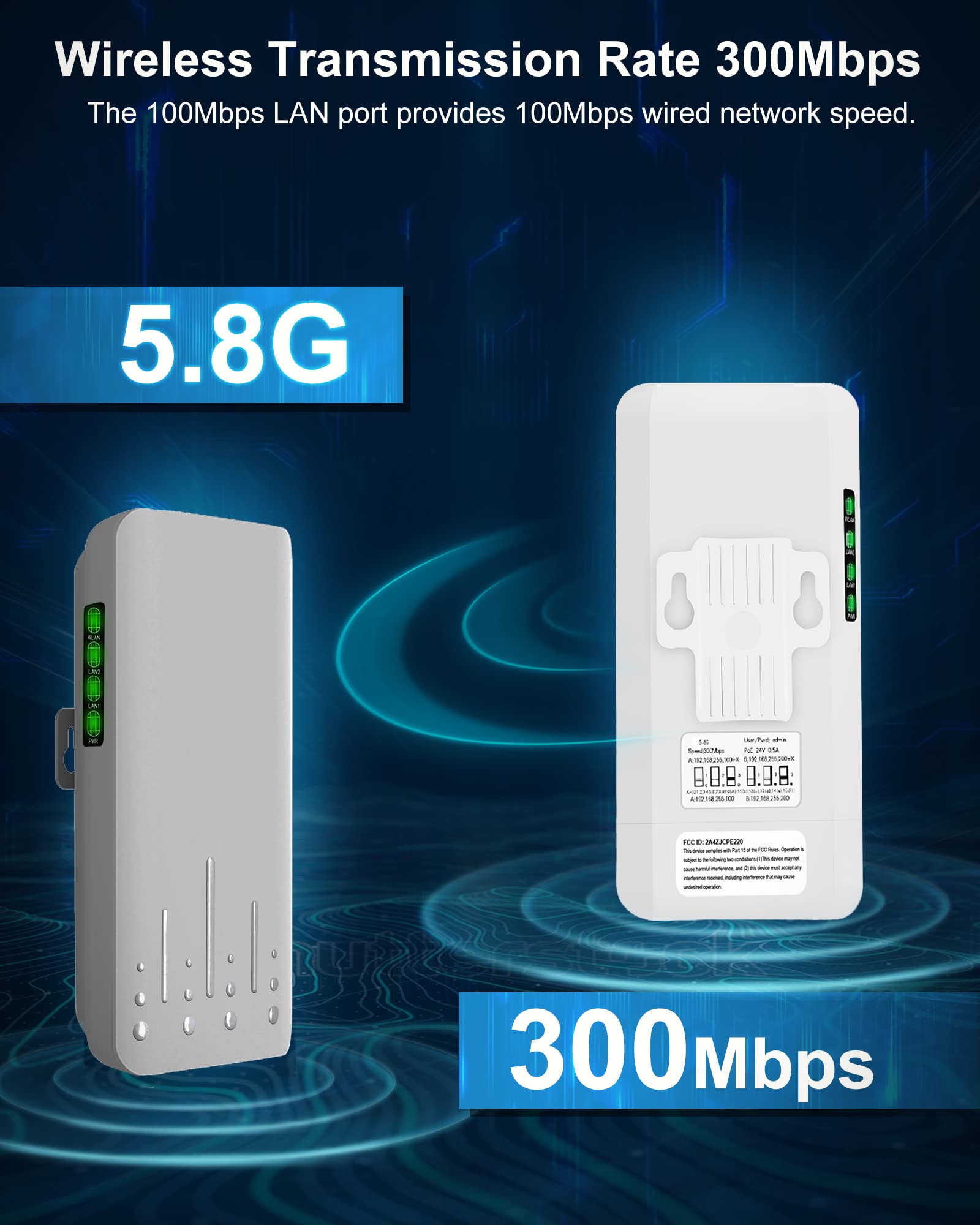 Wireless Bridge Point to Point Outdoor,5.8GHz 100Mkbps CPE Outdoor WiFi Network Extender, Long Range Access Point with High Gain Antenna for Starlink Satellite Internet or Video Surveillance 2-Pack