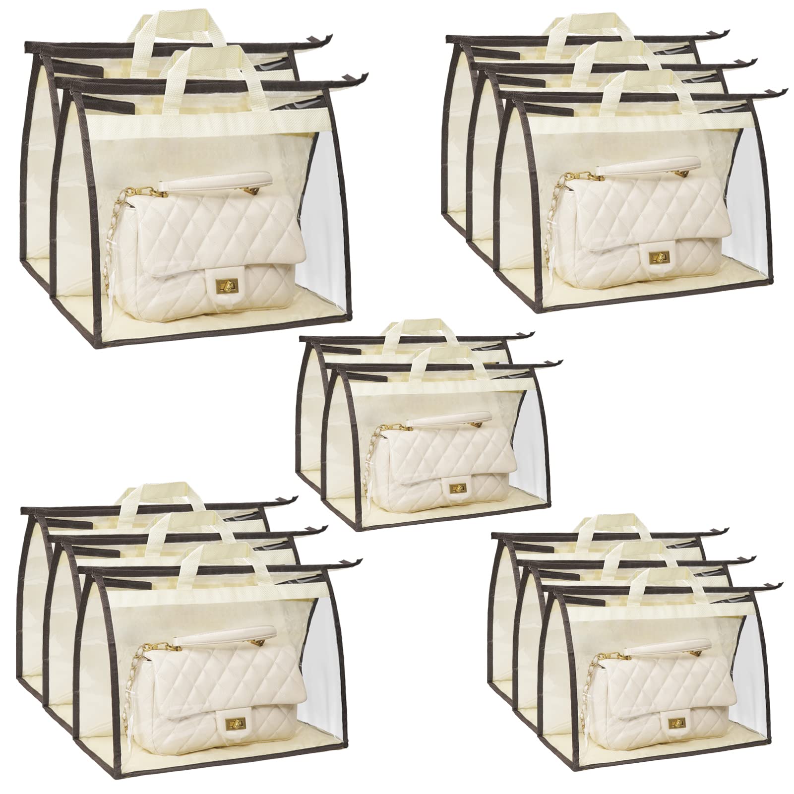 13Pcs Clear Dust Cover Bags for Handbags, YOCOMEY 5 Sizes Transparent Handbag Storage Organizer with Zipper and Handle, Dustproof Purse Protector Storage Bag for Closet Shelf (Beige)