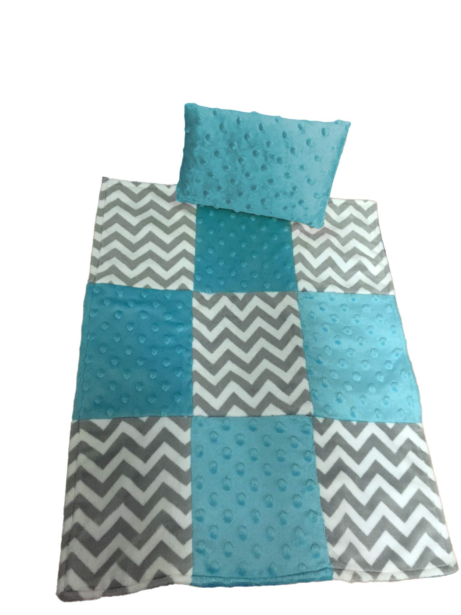 Baby Doll Cuddly Minky Chevron Patch Doll Blanket and Pillow Set, Aqua