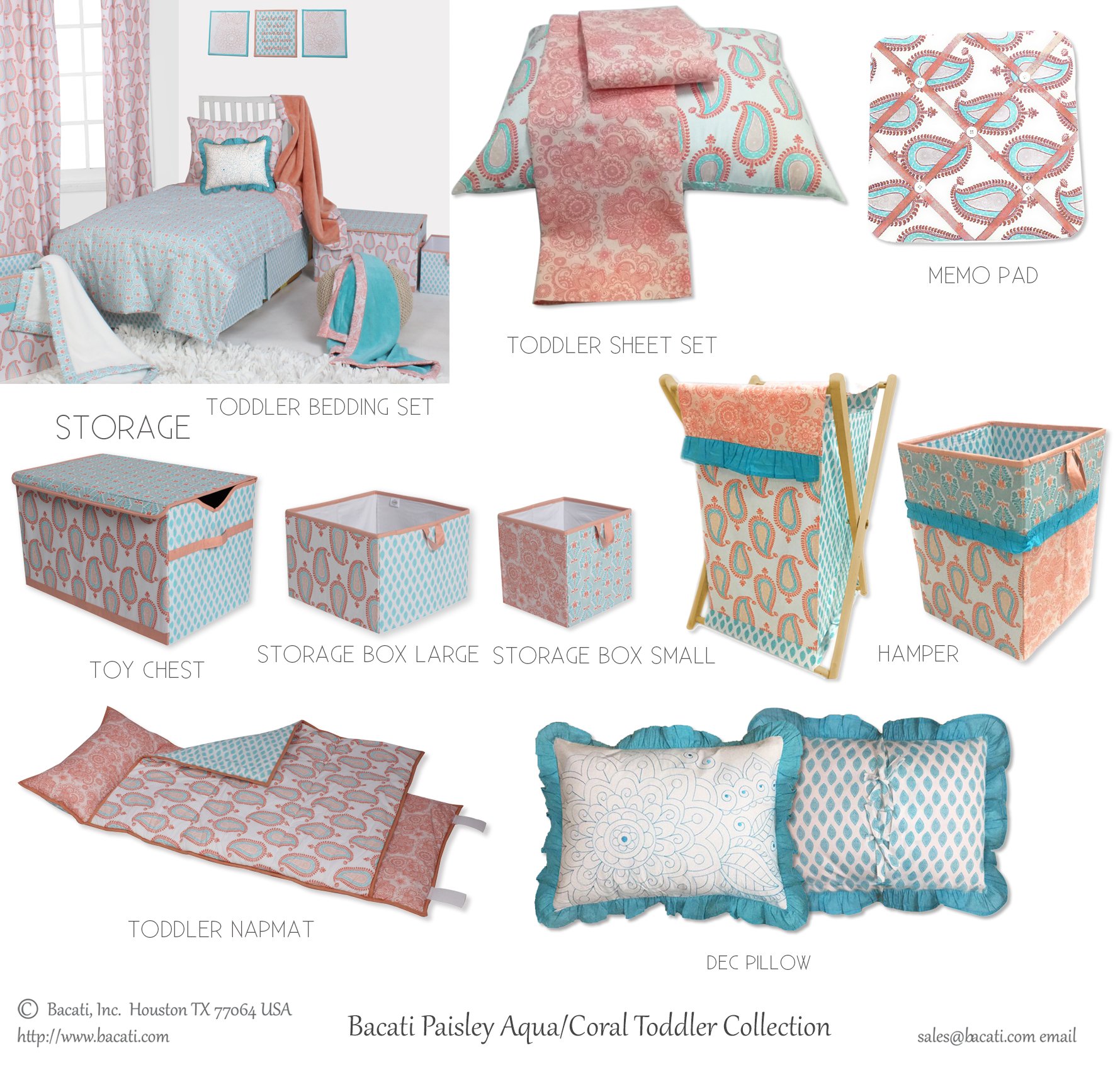 Bacati Sophia Paisley Fabric Memory/Memo Photo Bulletin Board, Coral/Aqua