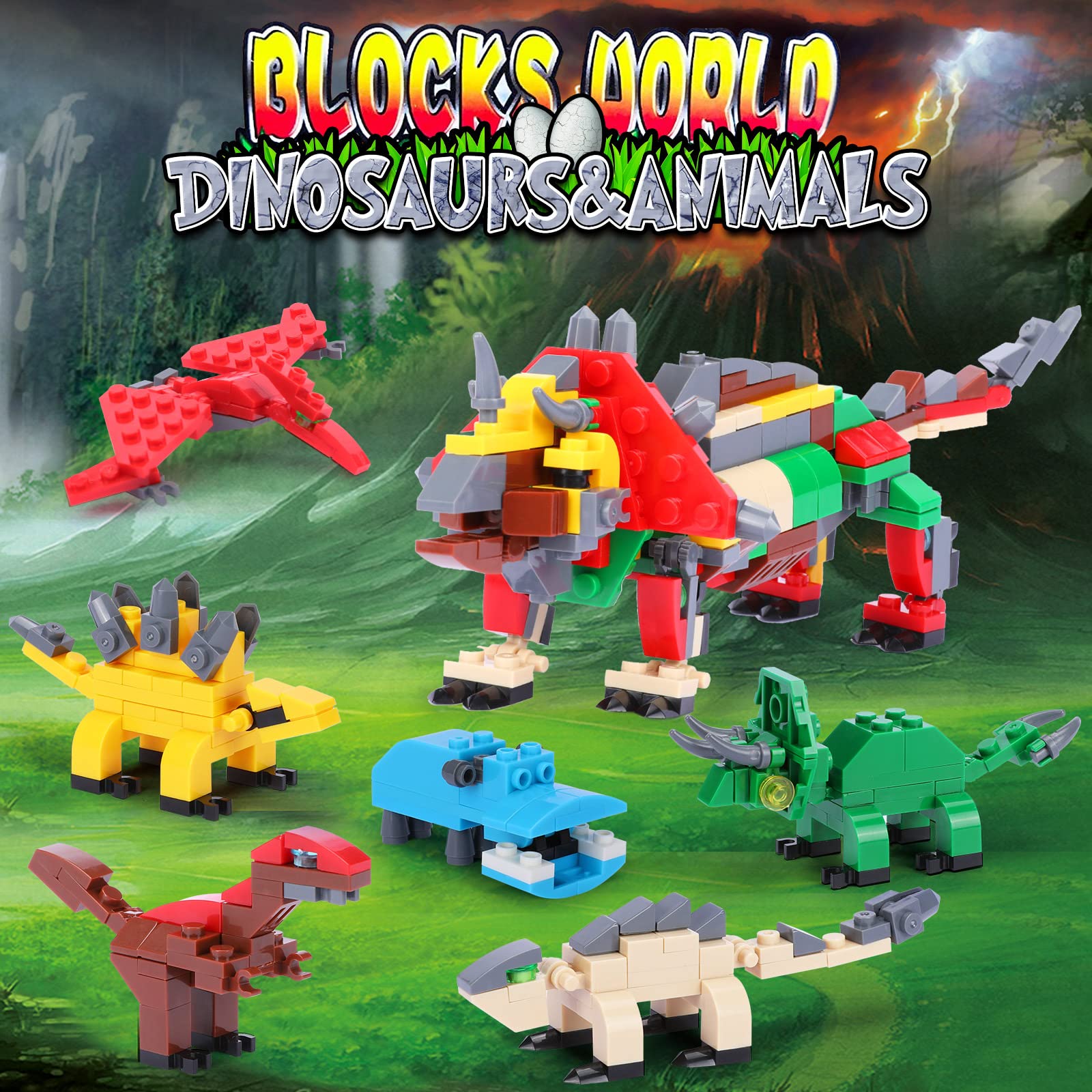 12 Pcs Easter Eggs Fillers Easter Basket Stuffers with Animal Dinosaur Building Block Plastic Surprise Eggs Prefilled Easter Egg with Toy Inside Dinosaur Eggs Easter Party Favors for Kids Easter Gifts