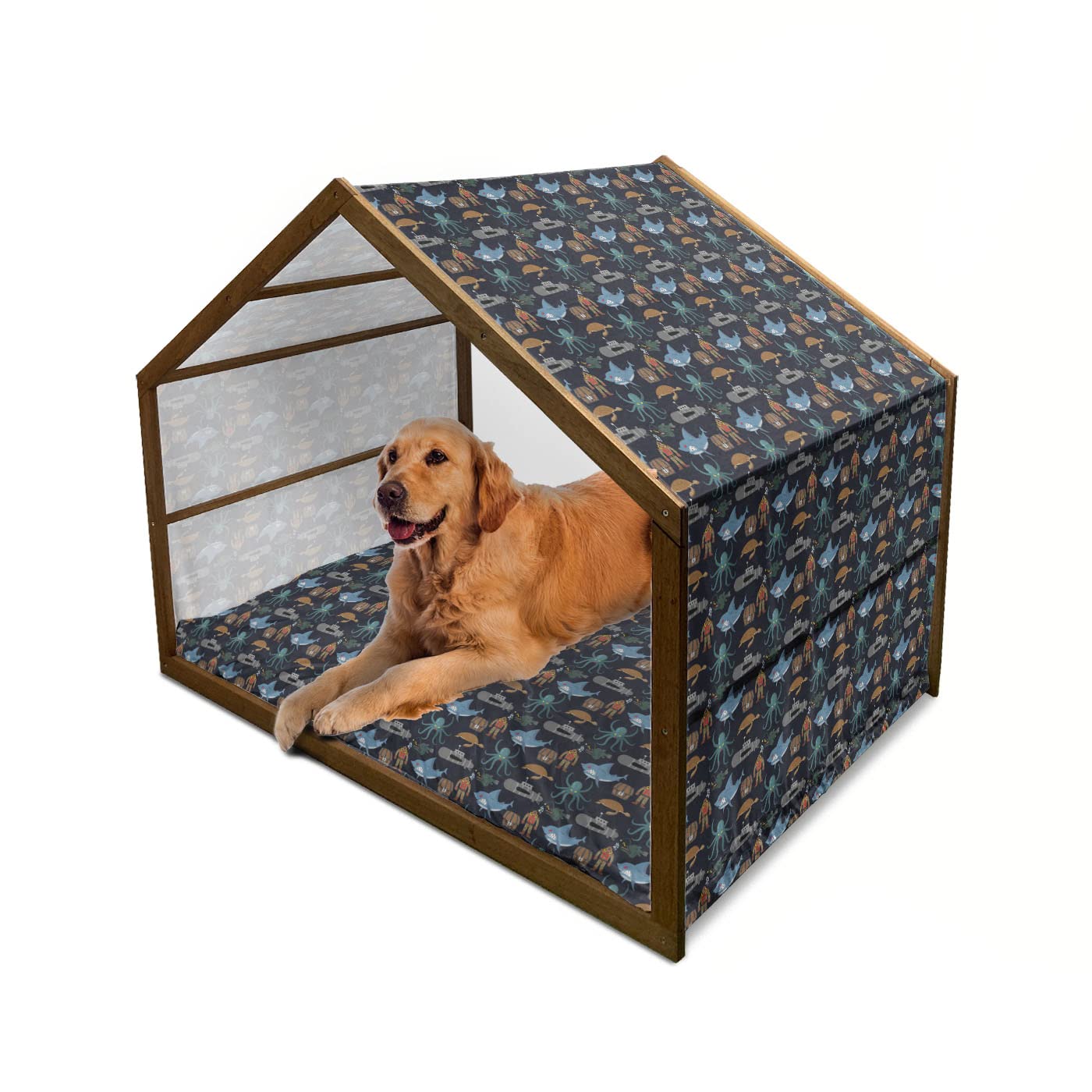 Ambesonne Diver Wooden Dog House, Ocean Items Pattern Shark Sea Turtle Submarine Octopus Deep Sea Angler Nautical Theme, Indoor & Outdoor Portable Dog Kennel with Pillow & Cover, 2X-Large, Multicolor