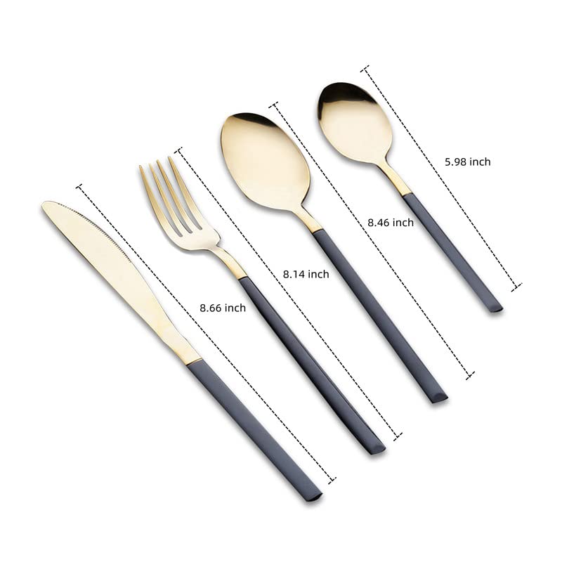 4 Pcs Stainless Steel Flatware Set, Black Gold Modern Cutlery Set Mirror Polished Knife Fork Spoon for Home, Kitchen, Including Place Knife, Fork, Spoon, Teaspoon, One Size (xiejinhong2)